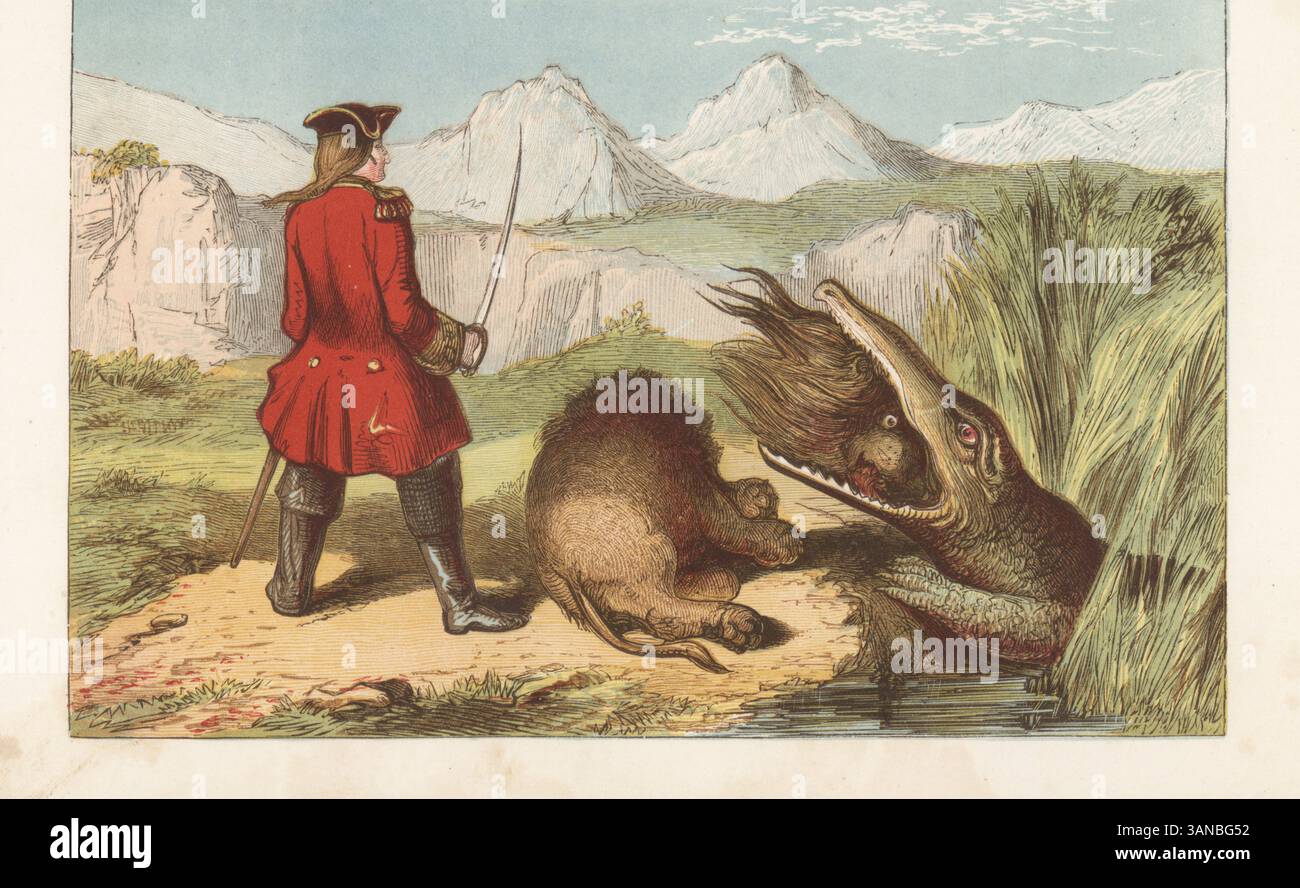 Baron Munchausen vanquishing a lion and crocodile. The baron in bicorne ...