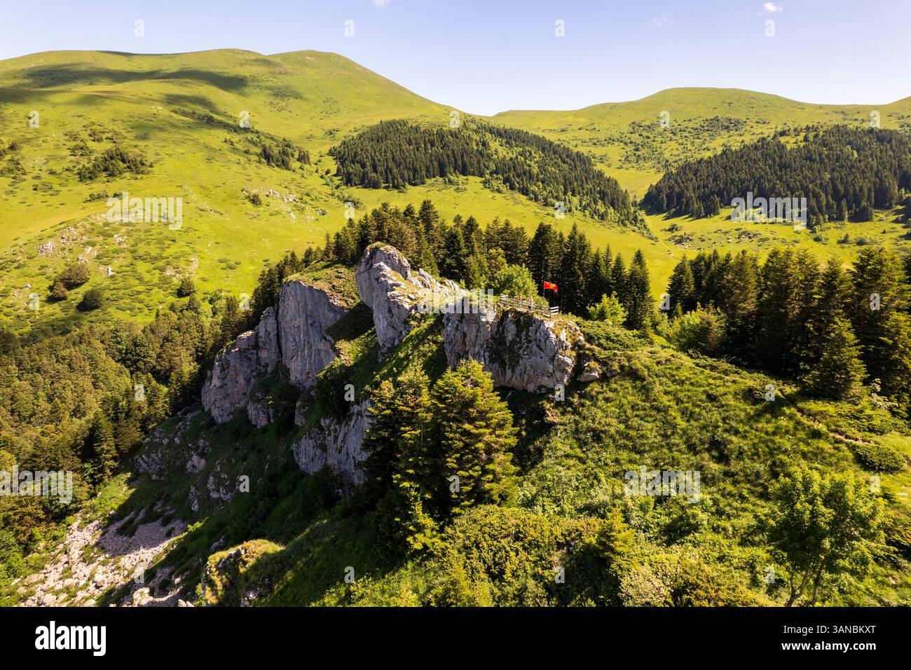 Aerial view of breathtaking rugged mountains and lush forests at ...