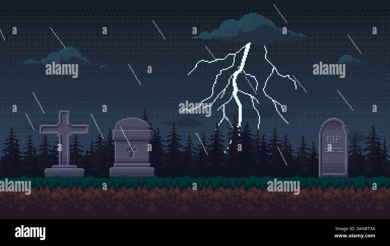 Pixel art cemetery in a rainy night with a thunderstorm. Graveyard 2d ...
