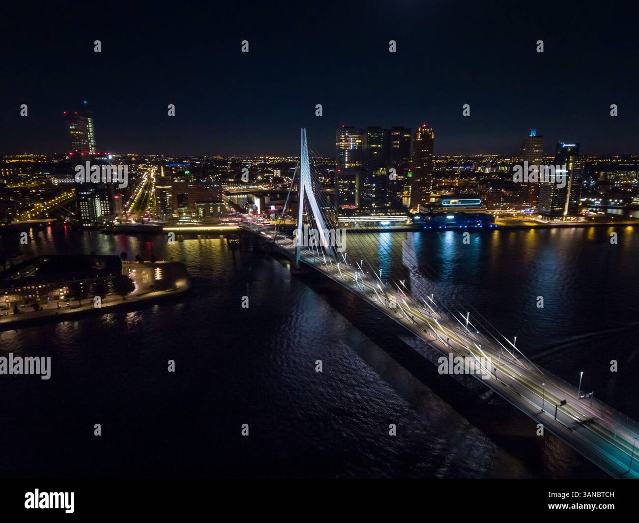 Aerial view of Rotterdam and his river by night, The Netherlands Stock ...