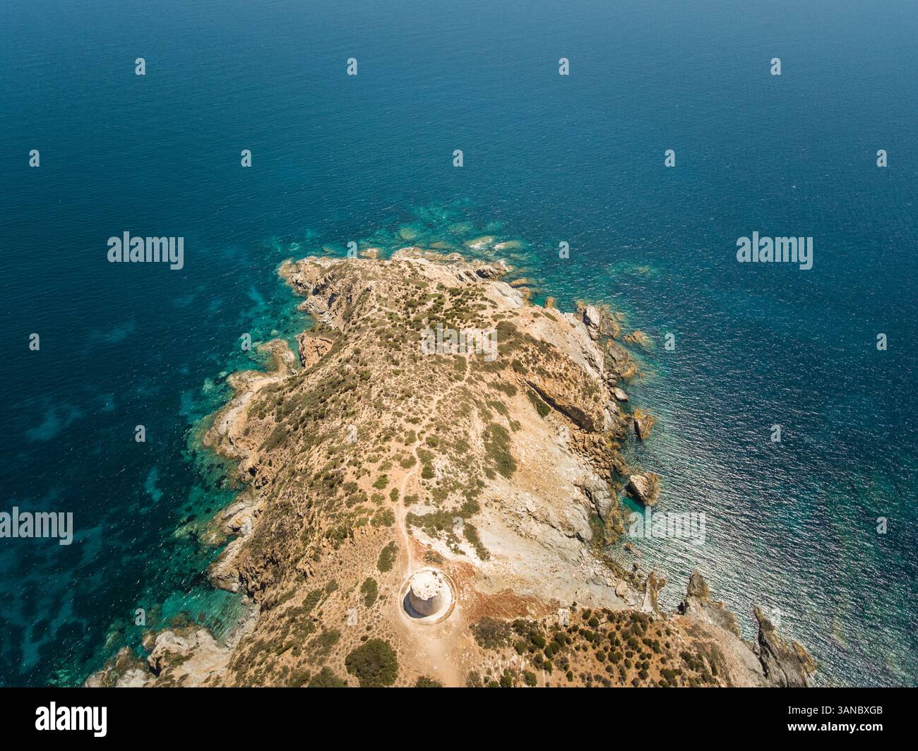 Aerial view of Tower on Malfatano cape in Sardinia, Italy Stock Photo ...