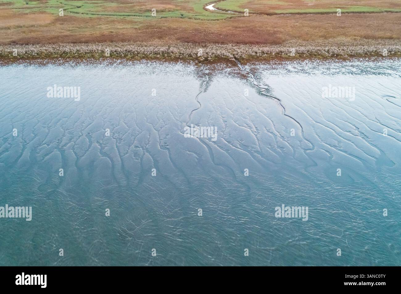 Aerial view of lake water connecting with wetland field, Netherlands ...