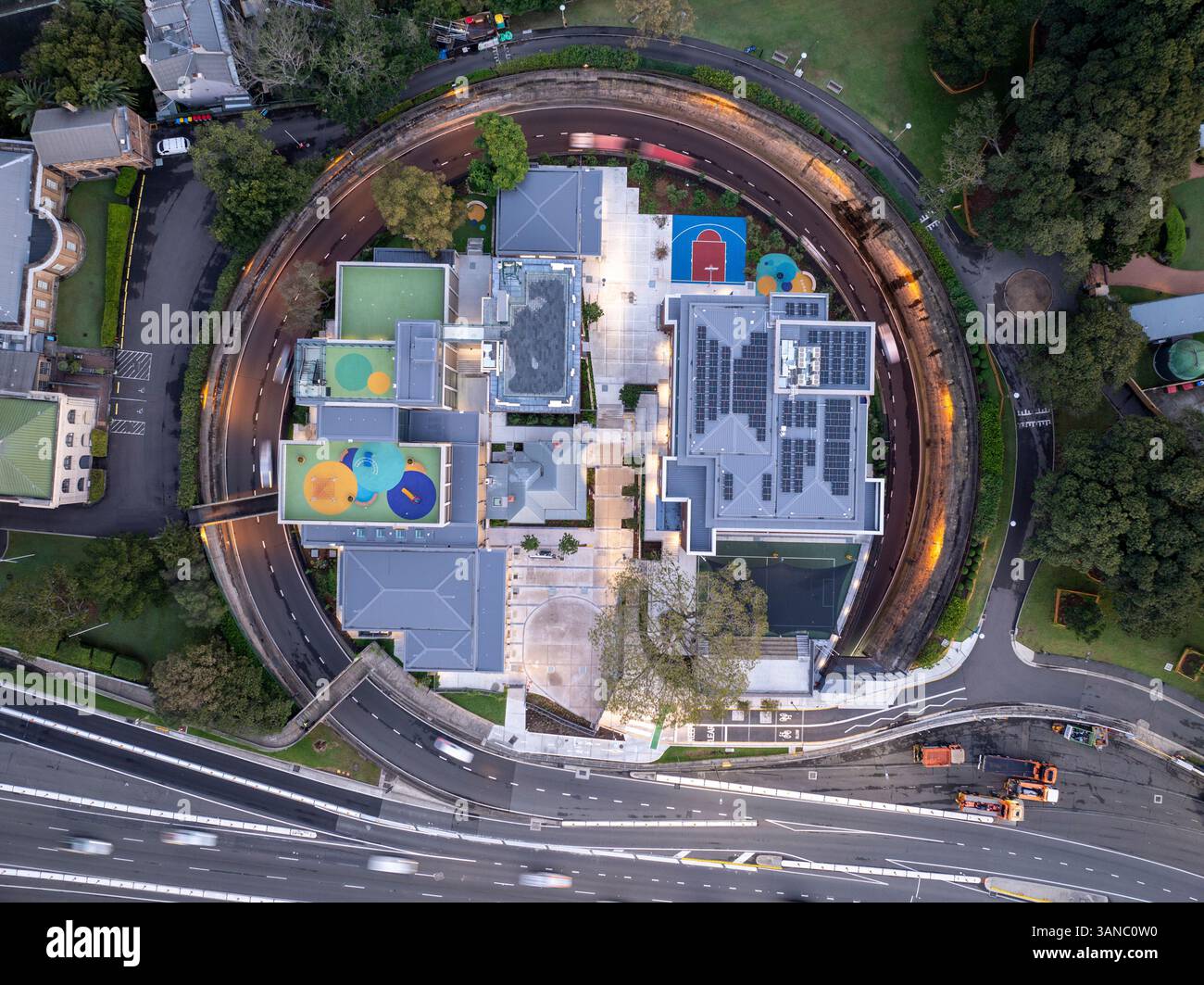 Aerial view of urban landscape with modern architecture and green ...