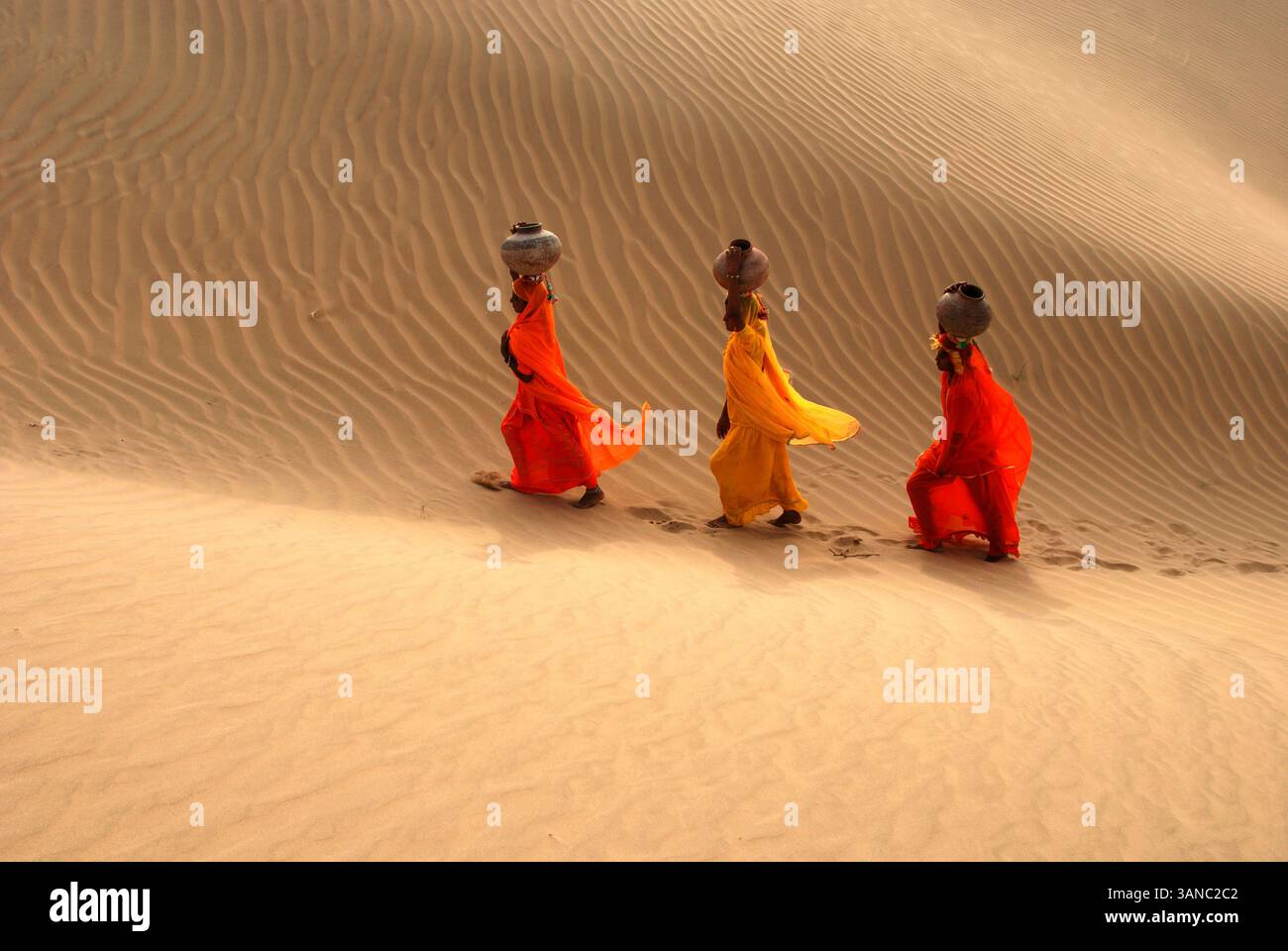 Aerial view of Rajasthani women with pitchers on head walking on sand ...