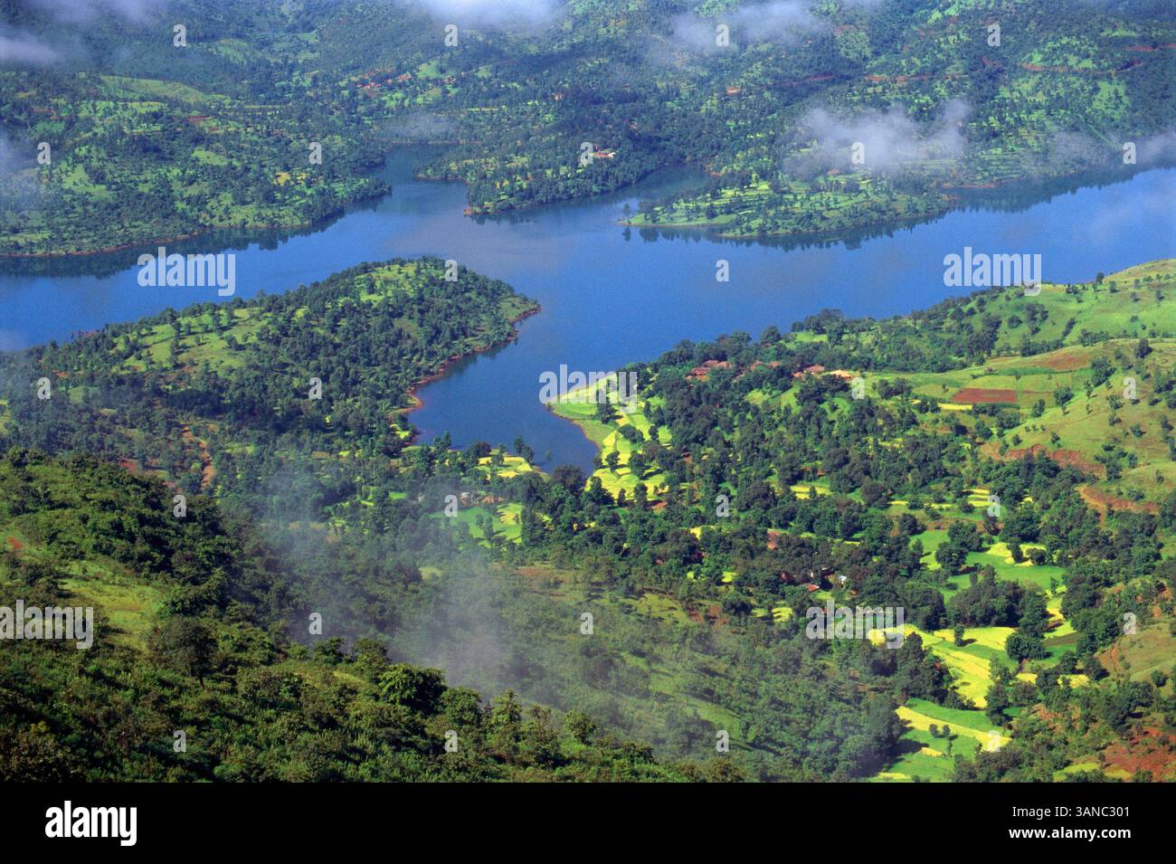 Aerial view of Lake valley Tapola lake, Mahabaleshwar, Maharashtra ...