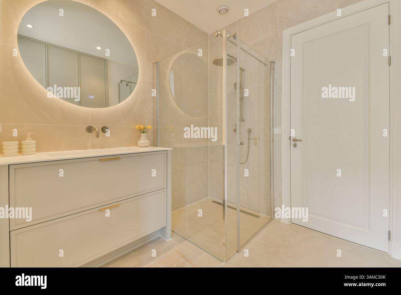 Stylish modern bathroom showcasing a sleek shower, contemporary design ...