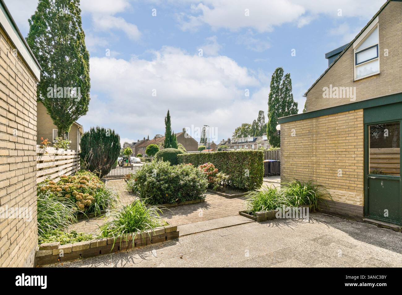 A charming view of a residential pathway lined with lush greenery ...