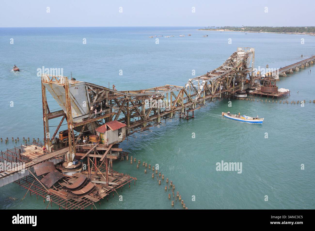 Aerial view of Railway bridge, Rameswaram small island in Gulf of Mannar, Tamil Nadu, India ...
