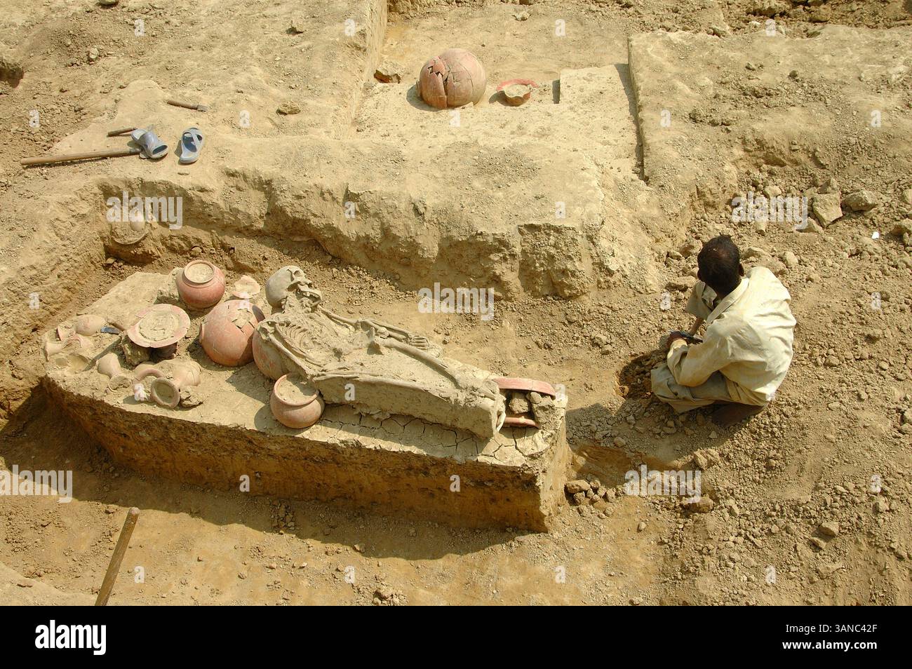 Aerial view of Excavations of burial site (4K years old) at Sinauli ...