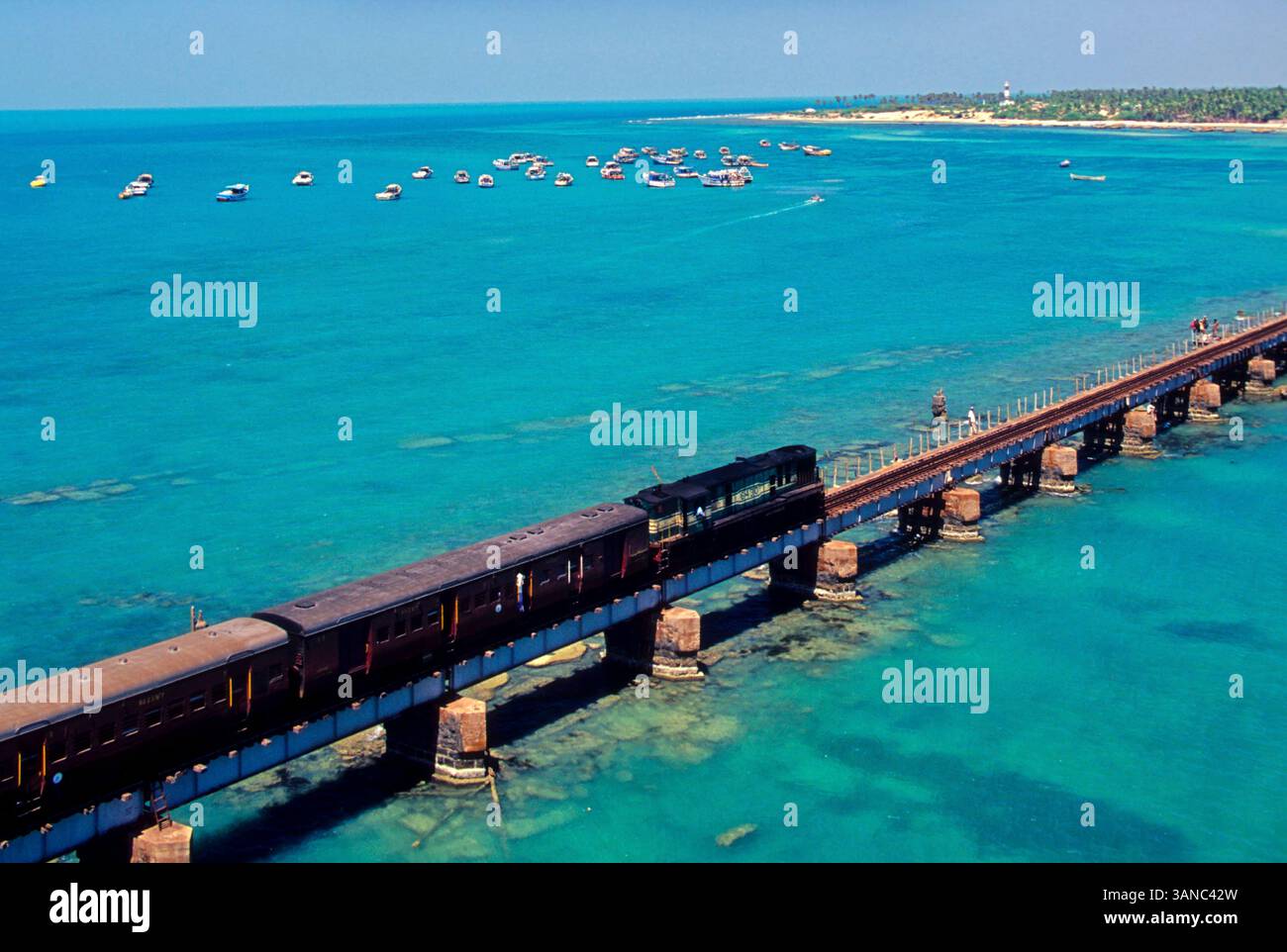 Aerial view of Trains Railways, train passing on bridge, rameshwaram ...