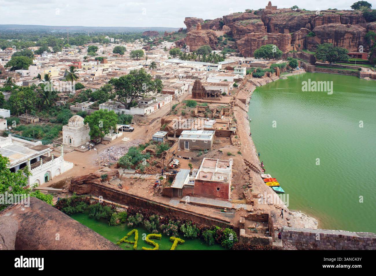 Aerial view of Agastyatirtha tank, Badami fort, Badami, Karnataka ...