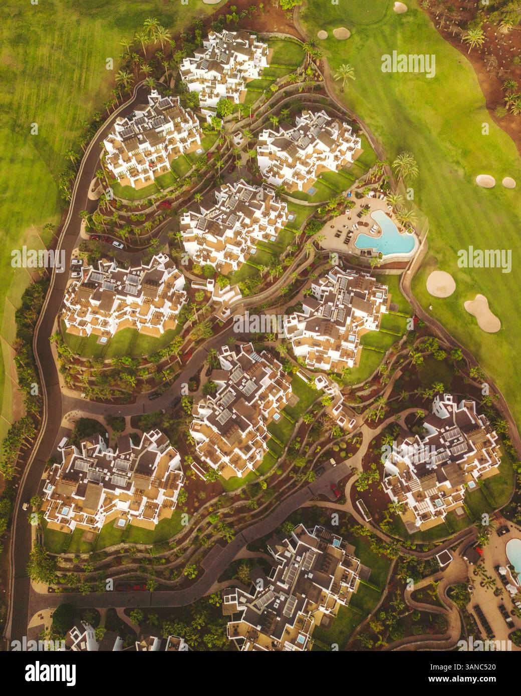 Aerial view of luxurious Abama Garden Resort with swimming pools and ...