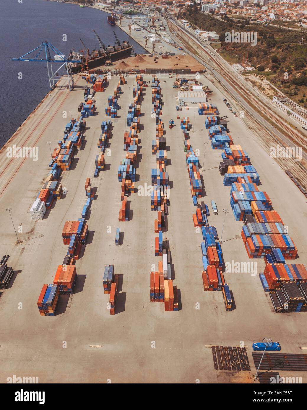 Aerial view of Setubal Port with containers and cranes, Setubal ...
