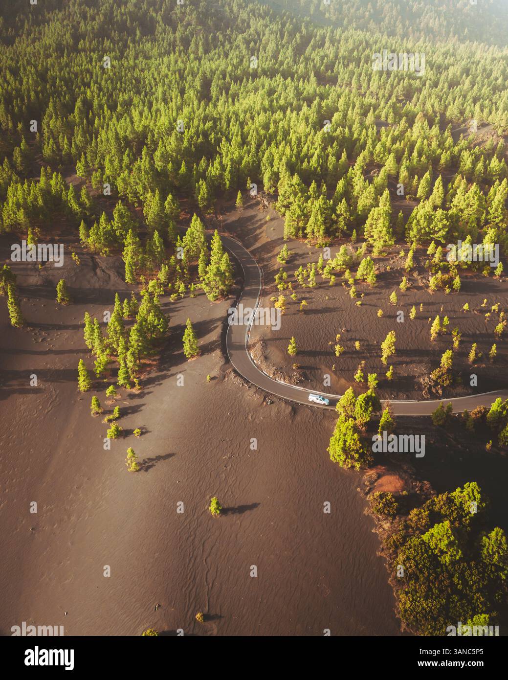 Aerial view of volcanic landscape with lush greenery and winding road ...