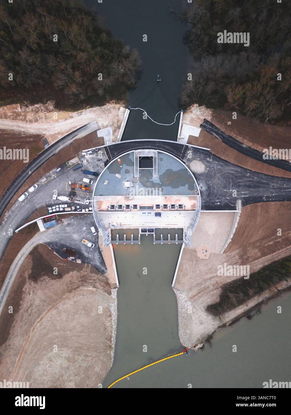 Aerial view of Seine River Retention Basin with dam and surrounding ...
