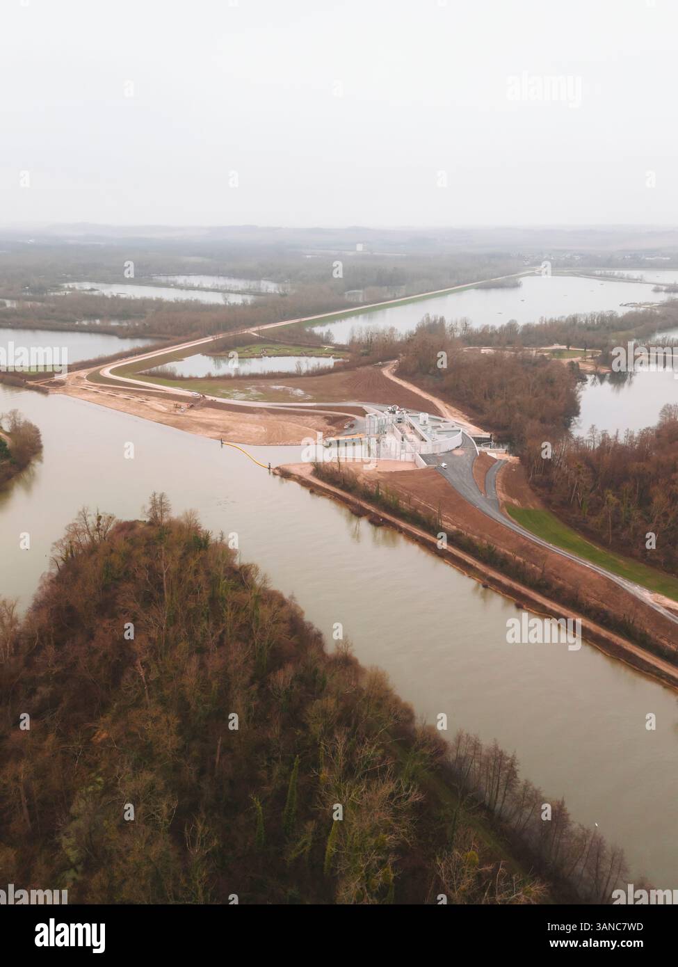 Aerial view of the beautiful Seine River retention basin with lush ...
