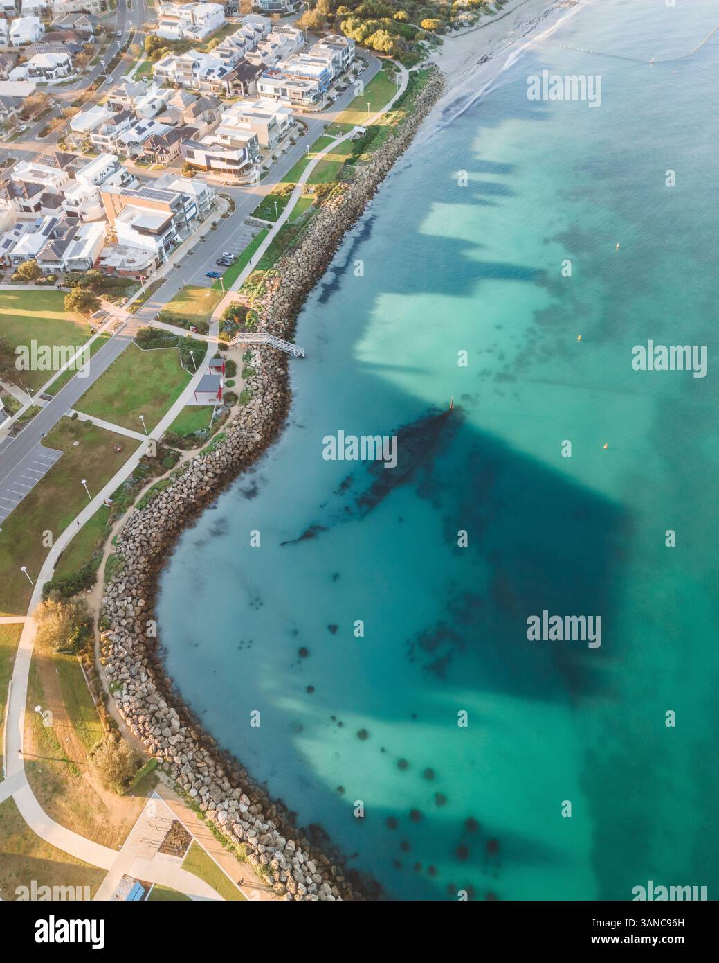 Aerial view of coogee beach with the omeo wreck and turquoise water ...