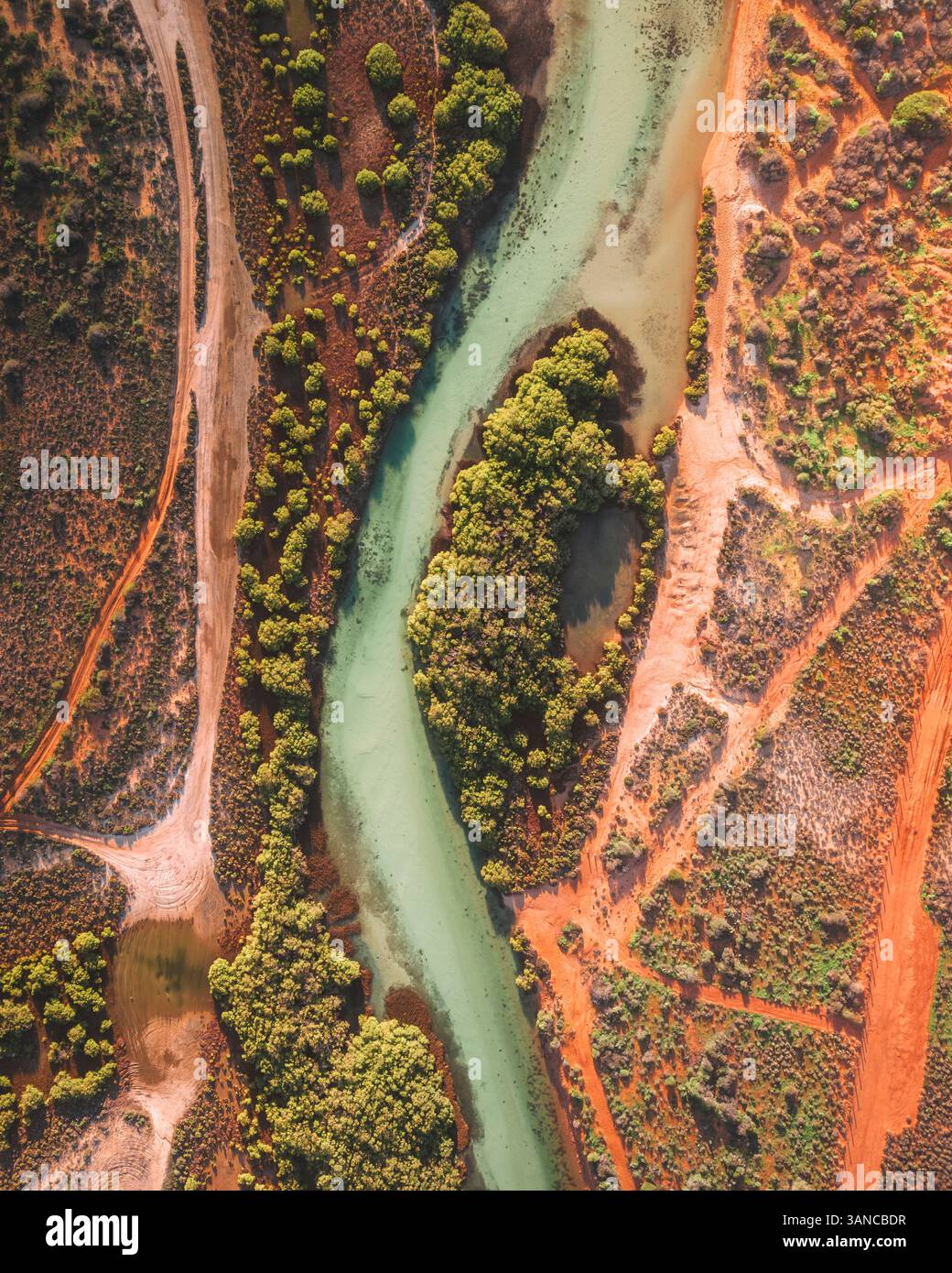 Aerial view of beautiful Little Lagoon Creek winding through lush ...