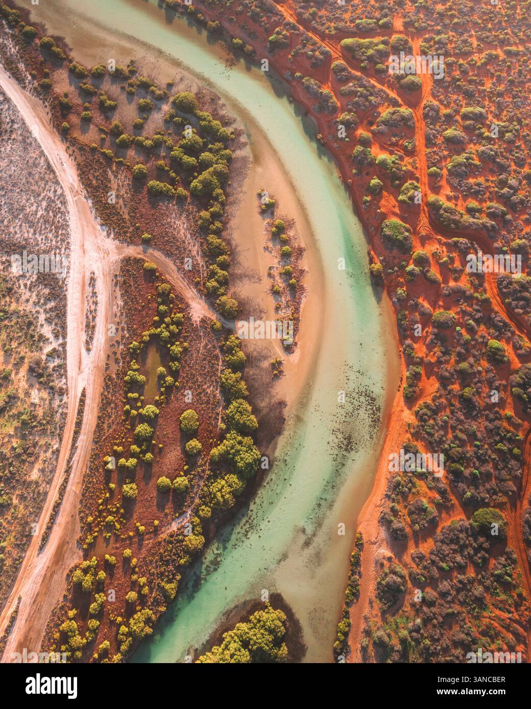 Aerial view of little lagoon creek with winding river and vibrant green ...
