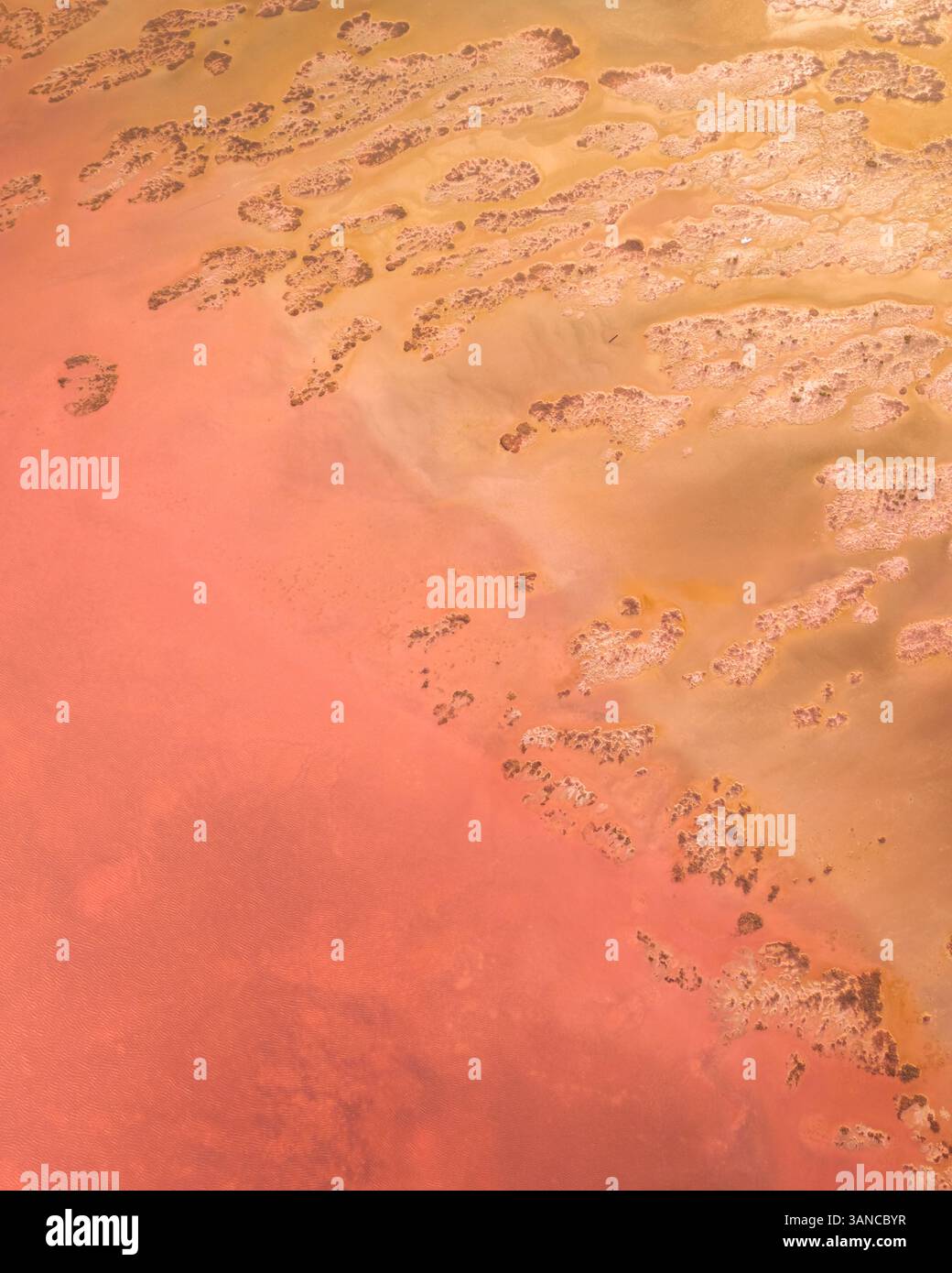Aerial view of vibrant pink lake with unique abstract patterns ...