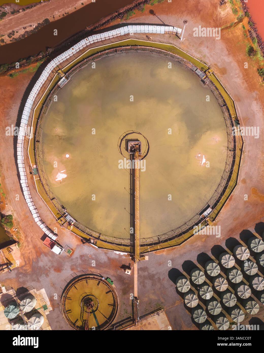 Aerial view of Hutt Lagoon, a colorful circular tank and water ...