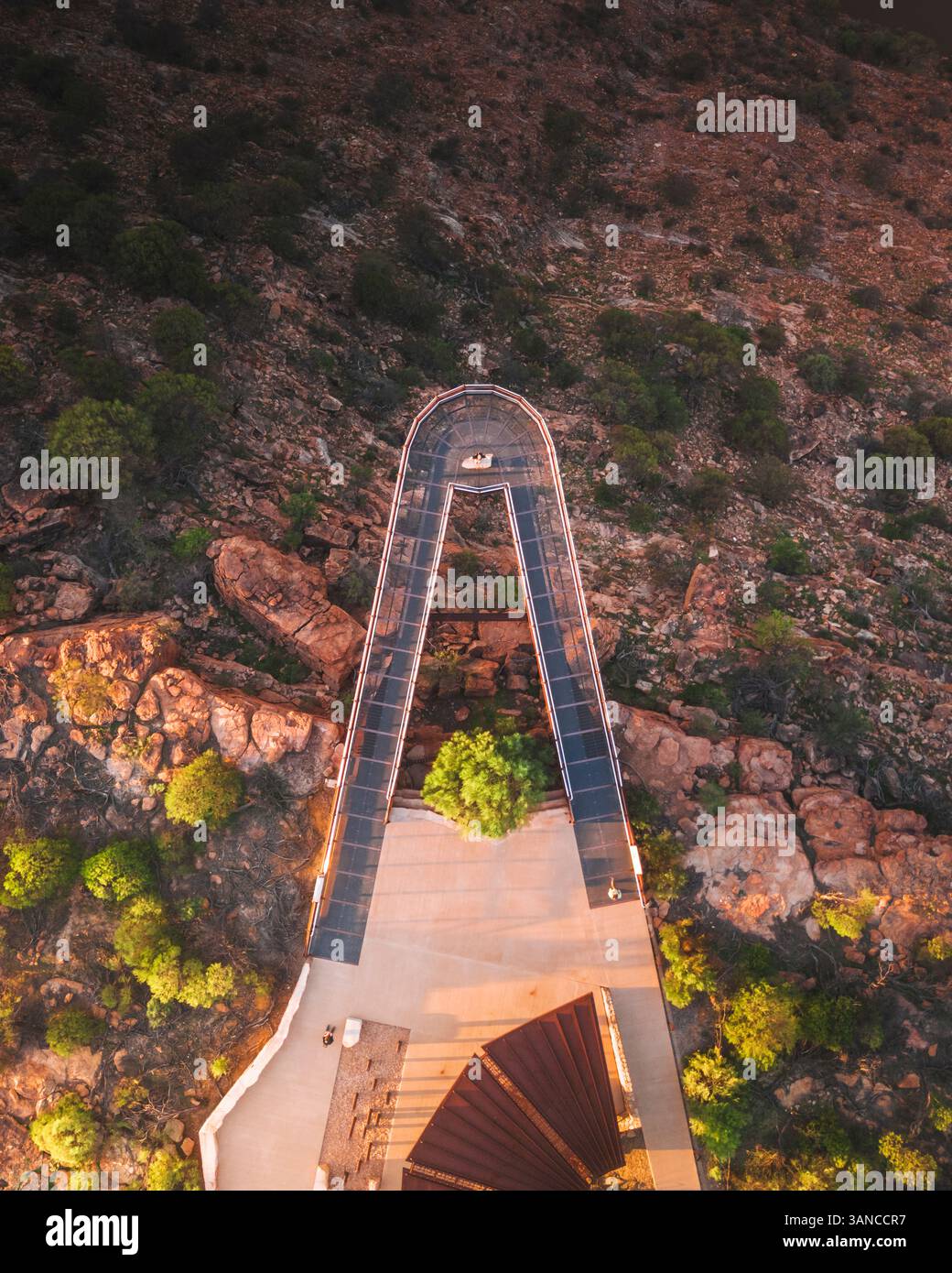 Aerial view of kalbarri skywalk over rocky terrain and lush vegetation ...