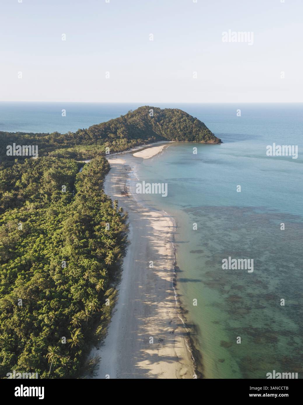Aerial view of the beautiful Myall Beach and lush Daintree Rainforest ...