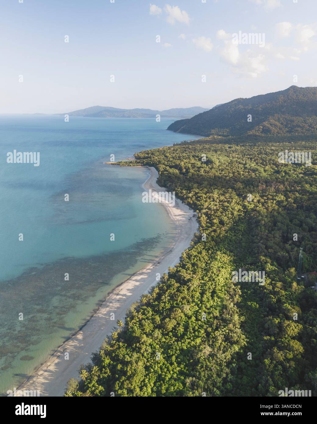 Aerial view of beautiful Myall Beach and lush Daintree Rainforest along ...