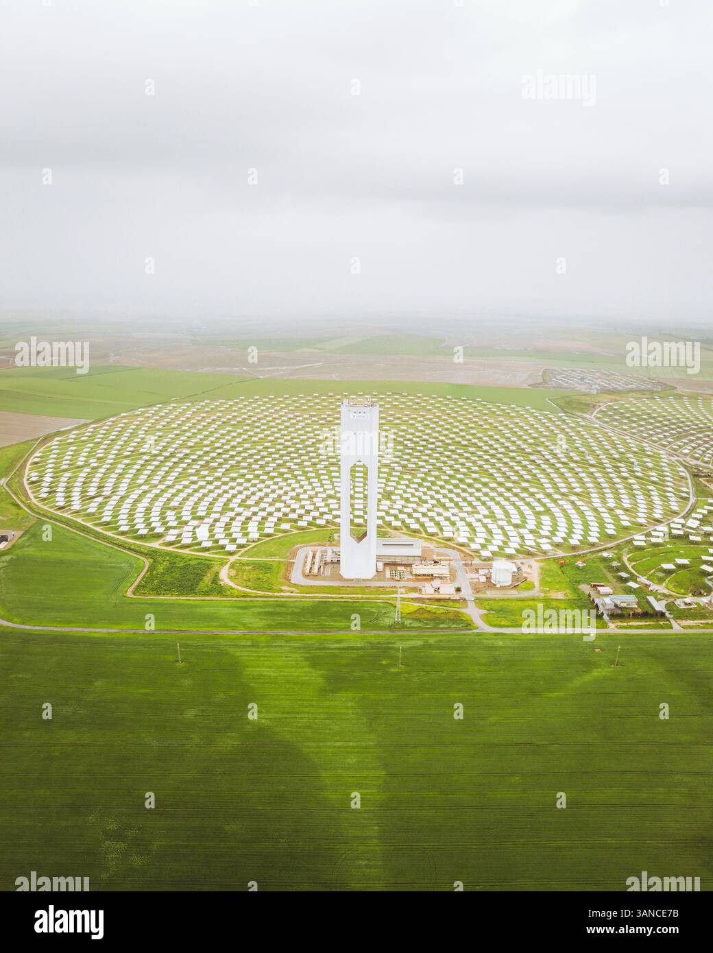 Aerial view of Solar Power Plant PS20 with Solar Tower and Panels ...