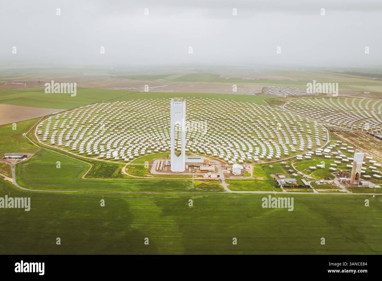 Aerial view of Solar Power Plant PS20 with Tower and Solar Panels ...