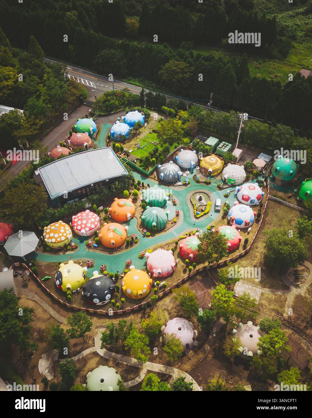 Aerial shot of Aso Farm Land Camping, Kumamoto Prefecture, Kyushu ...
