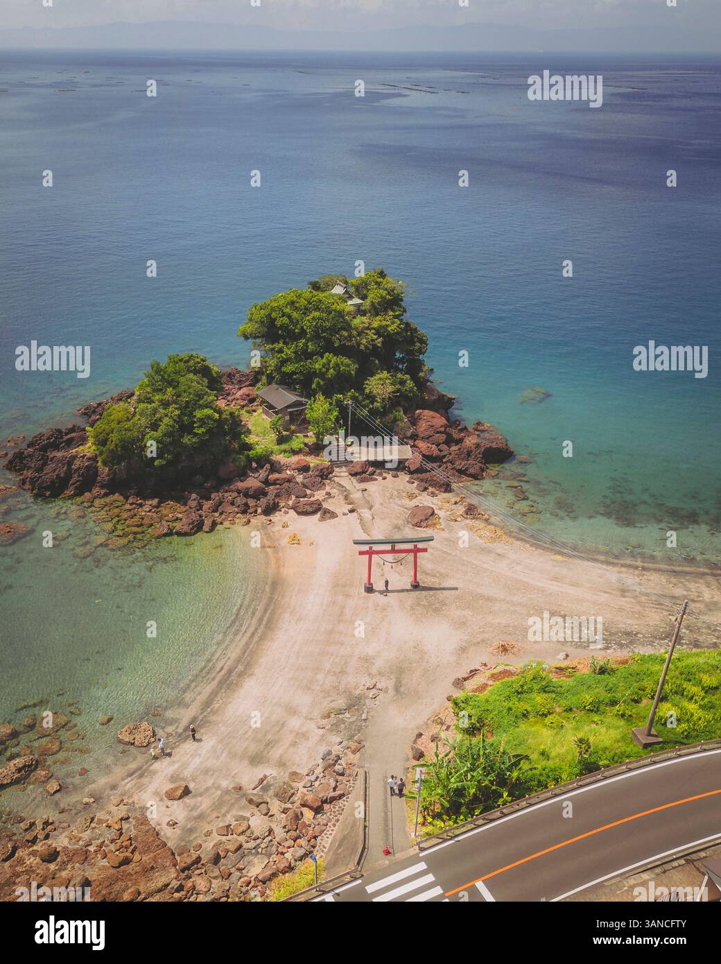 Aerial shot of the Sugahara Shrine, Kagoshima Prefecture, Kyushu, Japan ...