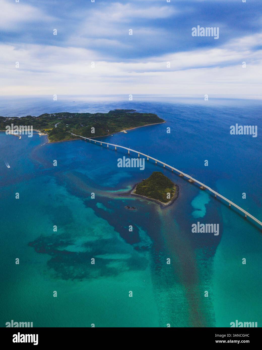 Aerial shot of the Tsunoshima Island Bridge, Shimonoseki, Yamaguchi ...