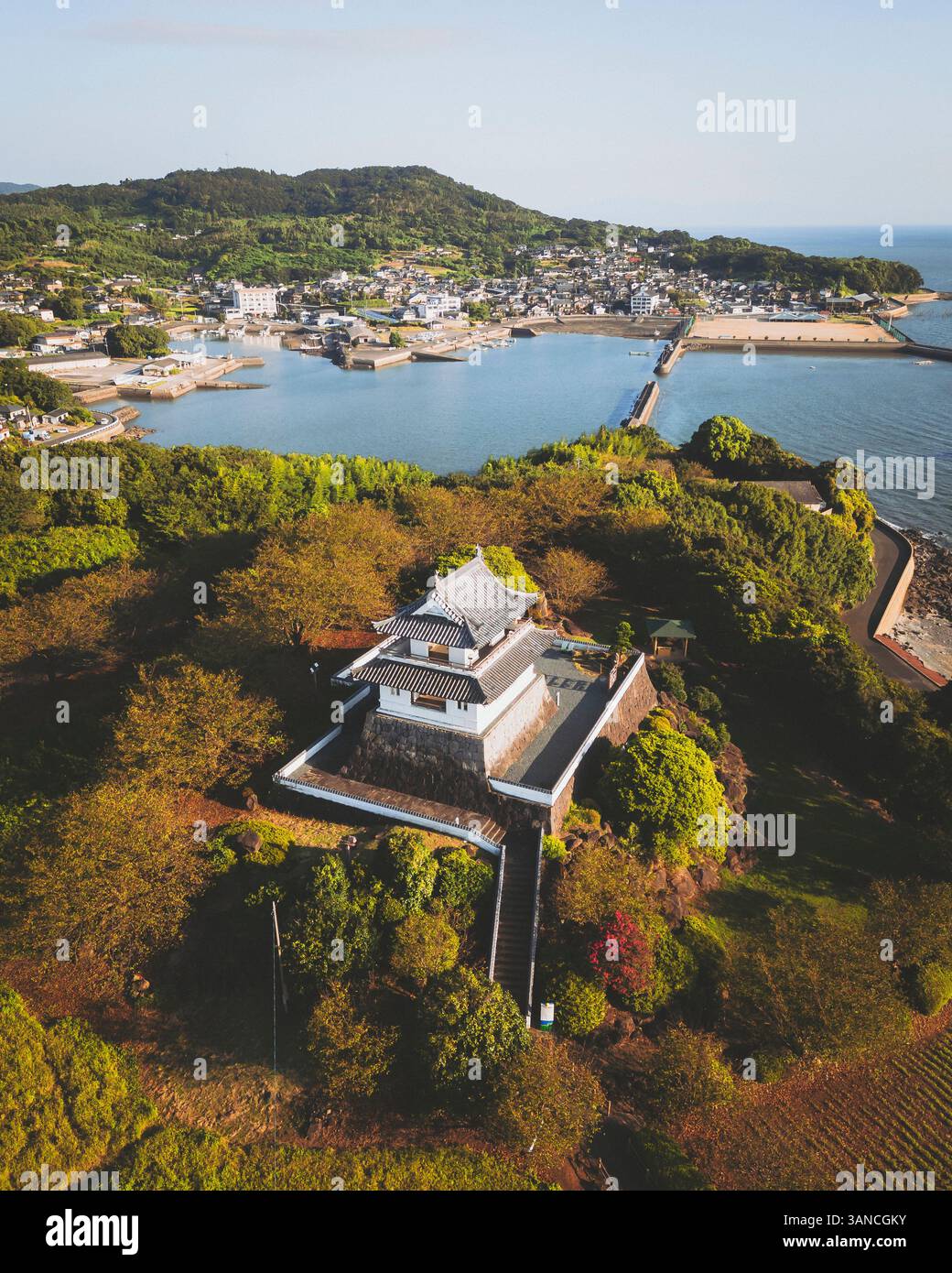 Aerial shot of the Takezaki Castle Fort Observatory, Tara, Saga ...
