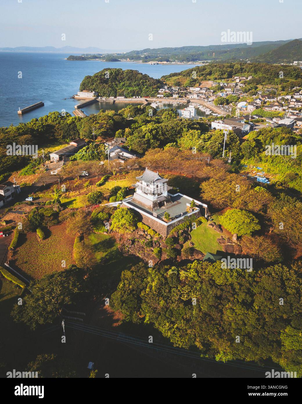Aerial shot of the Takezaki Castle Fort Observatory, Tara, Saga ...