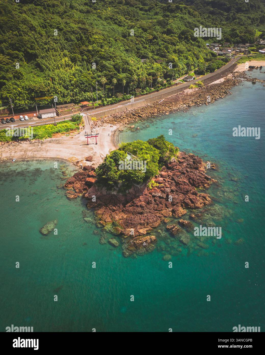 Aerial shot of the Sugahara Shrine, Kagoshima Prefecture, Kyushu, Japan ...