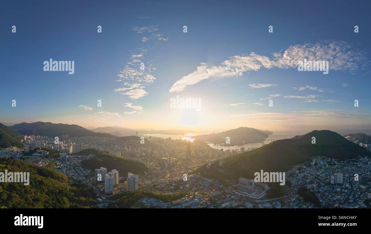 Aerial view of Gamcheon Culture Village at sunrise, Busan, South Korea ...