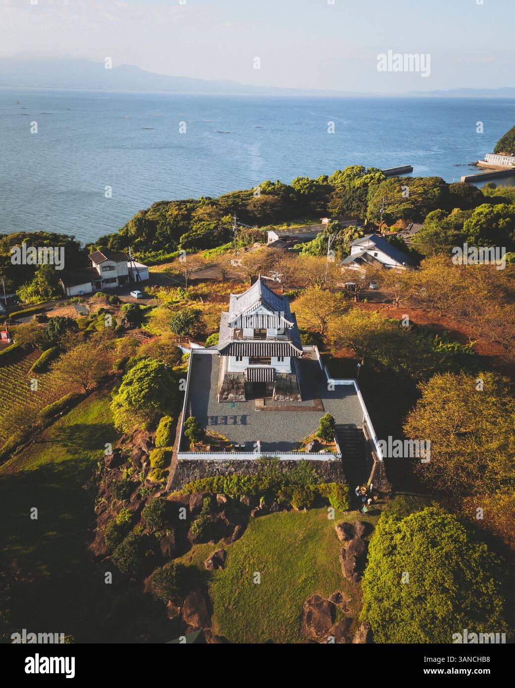 Aerial shot of the Takezaki Castle Fort Observatory, Tara, Saga ...