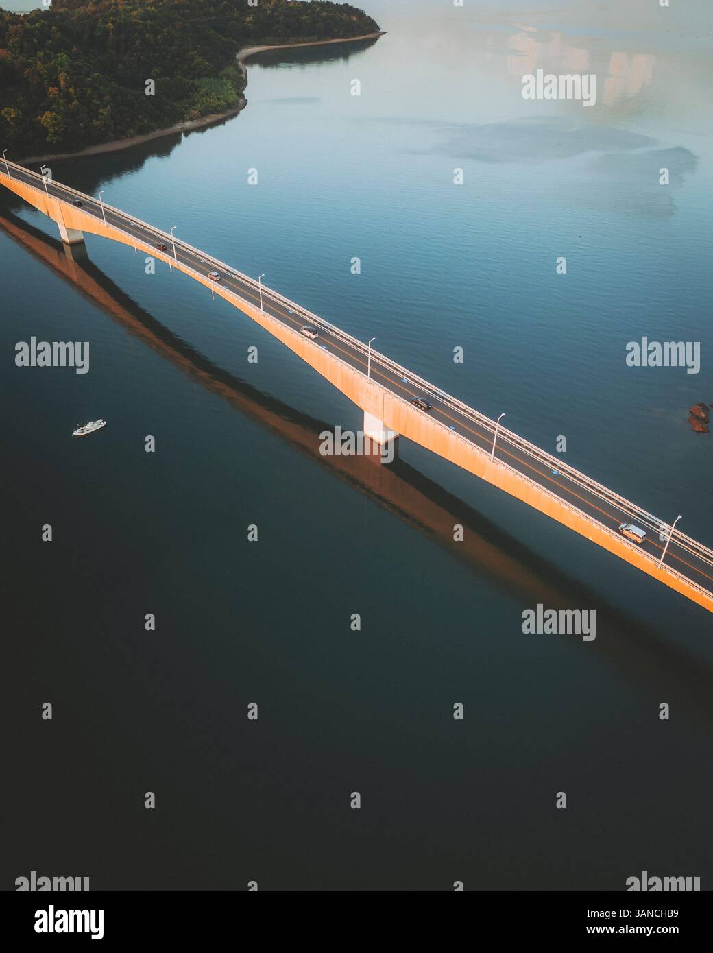 Aerial shot of a bridge in the Amakusa Islands at sunset, Kyushu, Japan ...