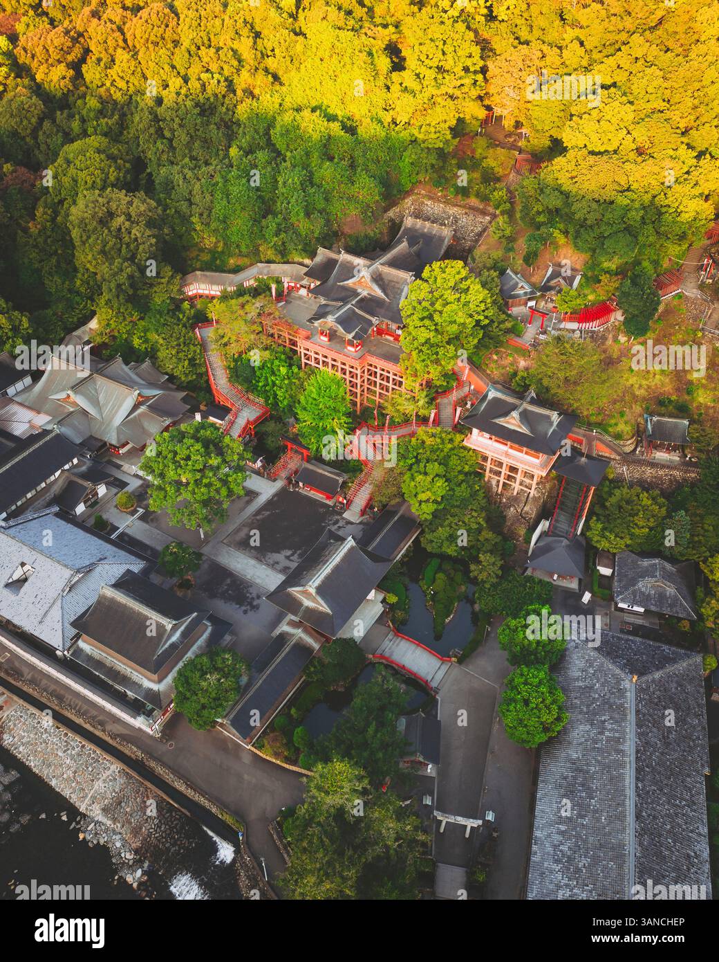Aerial shot of the famous Yutoku Inari-jinja Temple at sunrise, Furueda ...