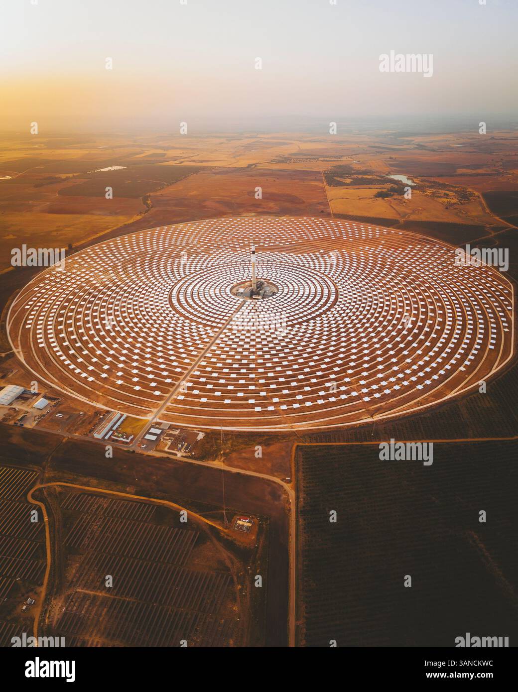 Aerial view of Gemasolar Thermasolar Plant, a solar plant in Andalusia ...