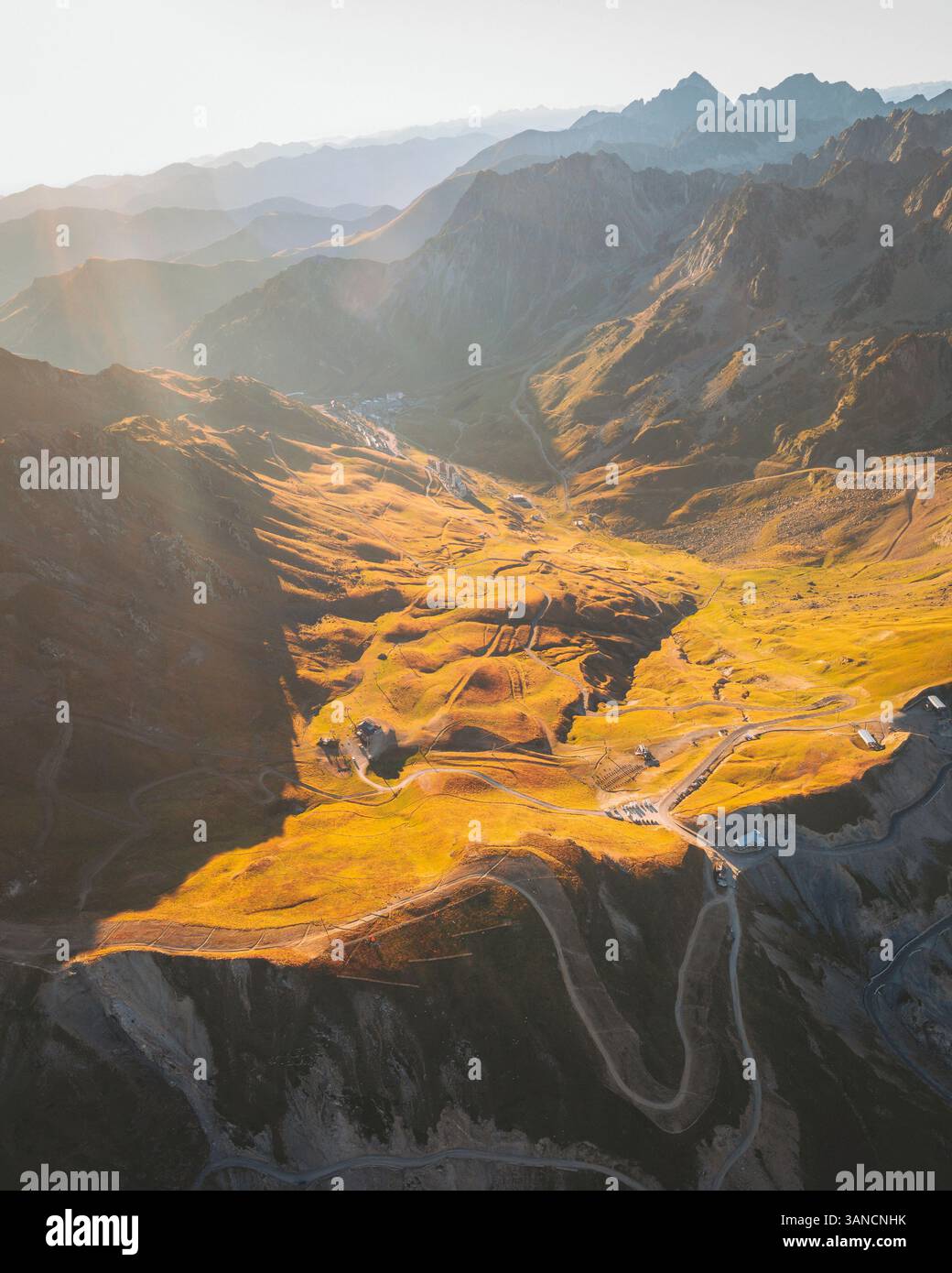 Aerial view of the Mountain Road Pass of Col du Tourmalet, Pyrenees ...