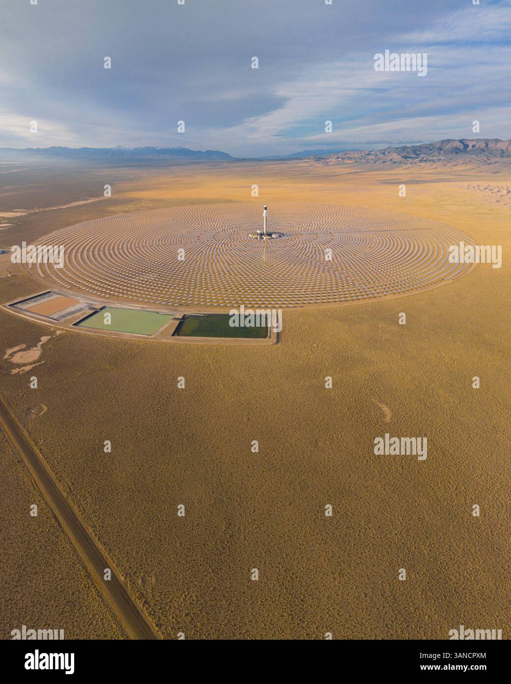 Aerial view of a solar thermal power plant, near Tonopah, Nevada ...