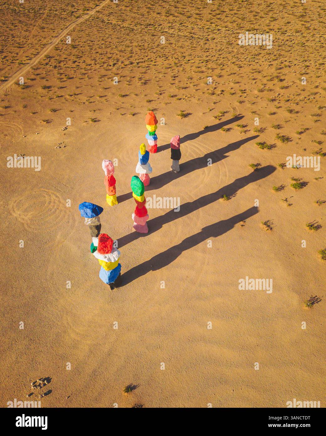 Aerial view of the art sculpture Seven Magic Mountains, near Las Vegas ...