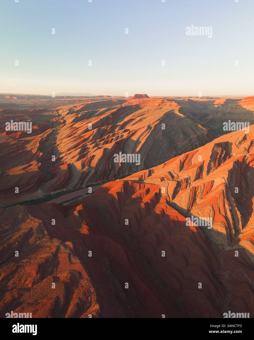 Aerial view of triangular shaped rocks along San Juan River, near ...