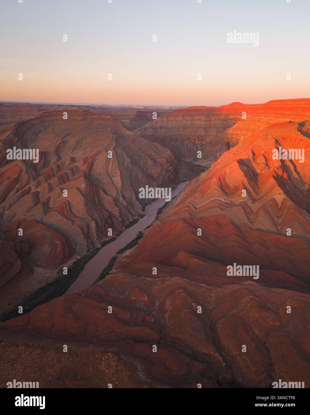 Aerial view of triangular shaped rocks along San Juan River, near ...