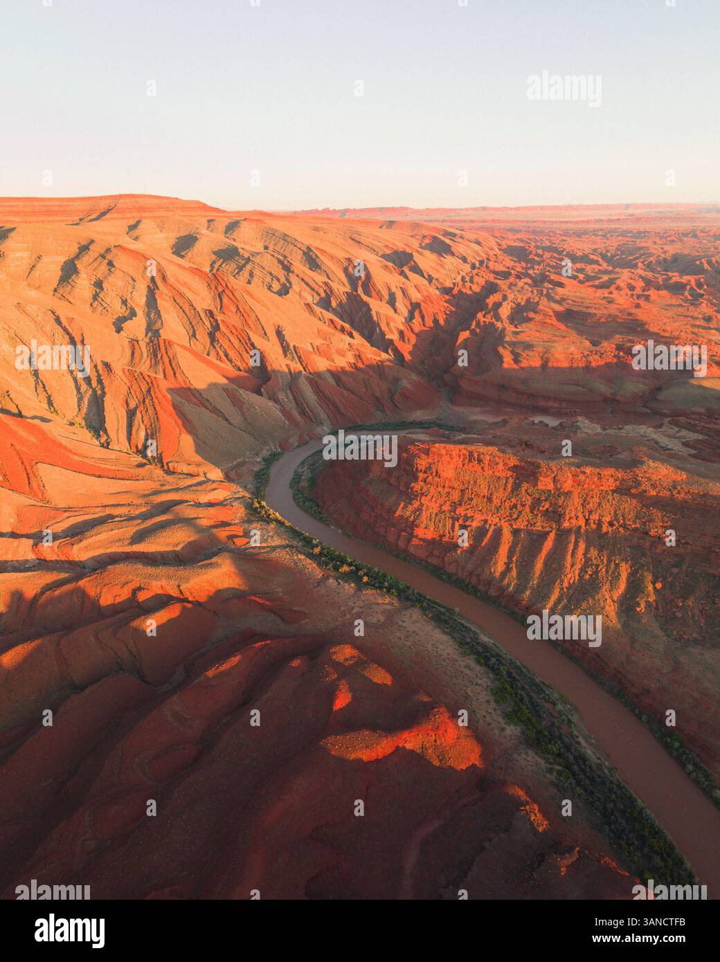 Aerial view of triangular shaped rocks along San Juan River, near ...