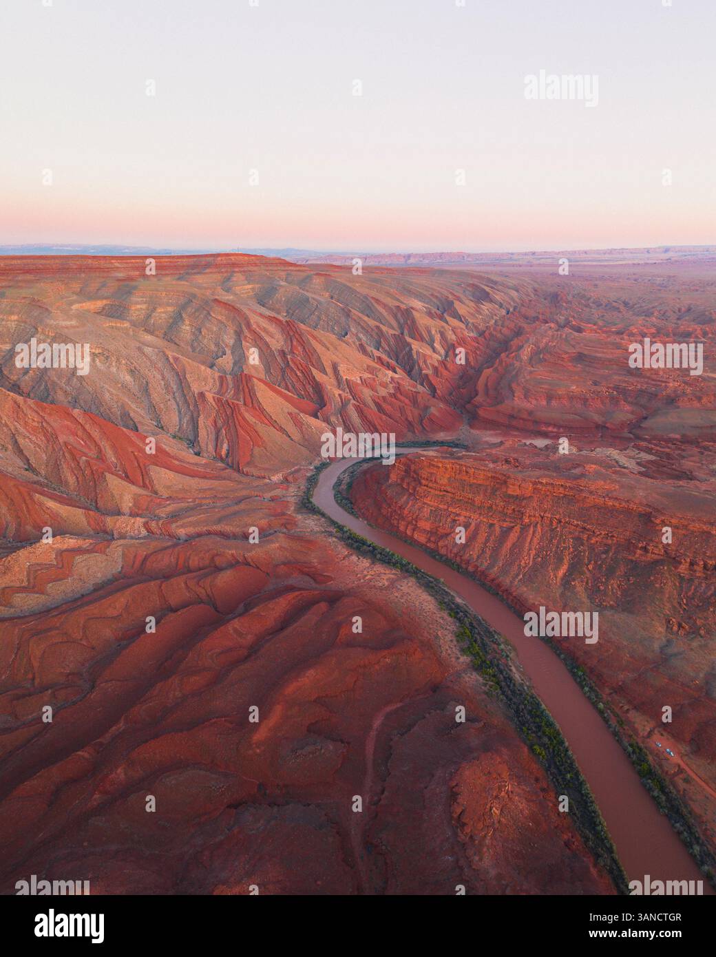 Aerial view of triangular shaped rocks along San Juan River, near ...