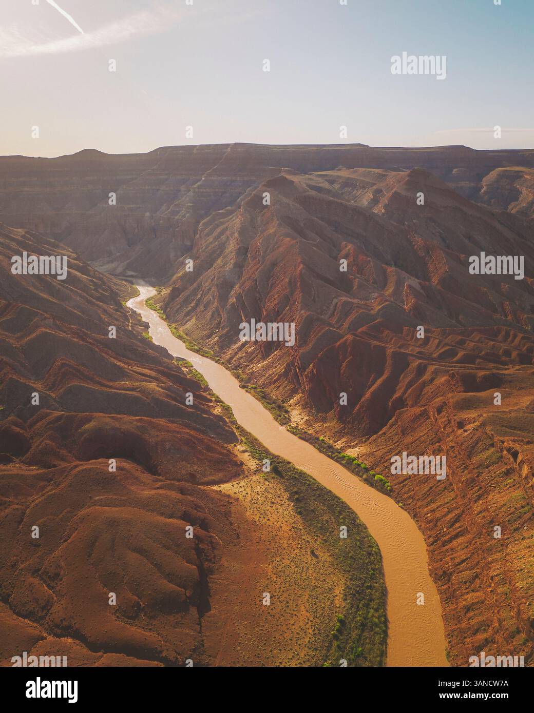 Aerial view of triangular shaped rocks along San Juan River, near ...