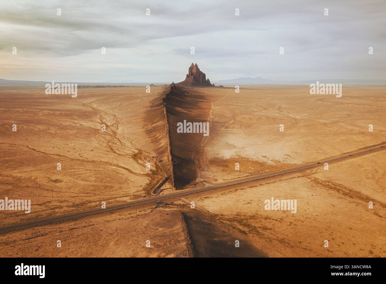 Aerial view of the famous monadnock Shiprock at sunset, Navajo Nation ...